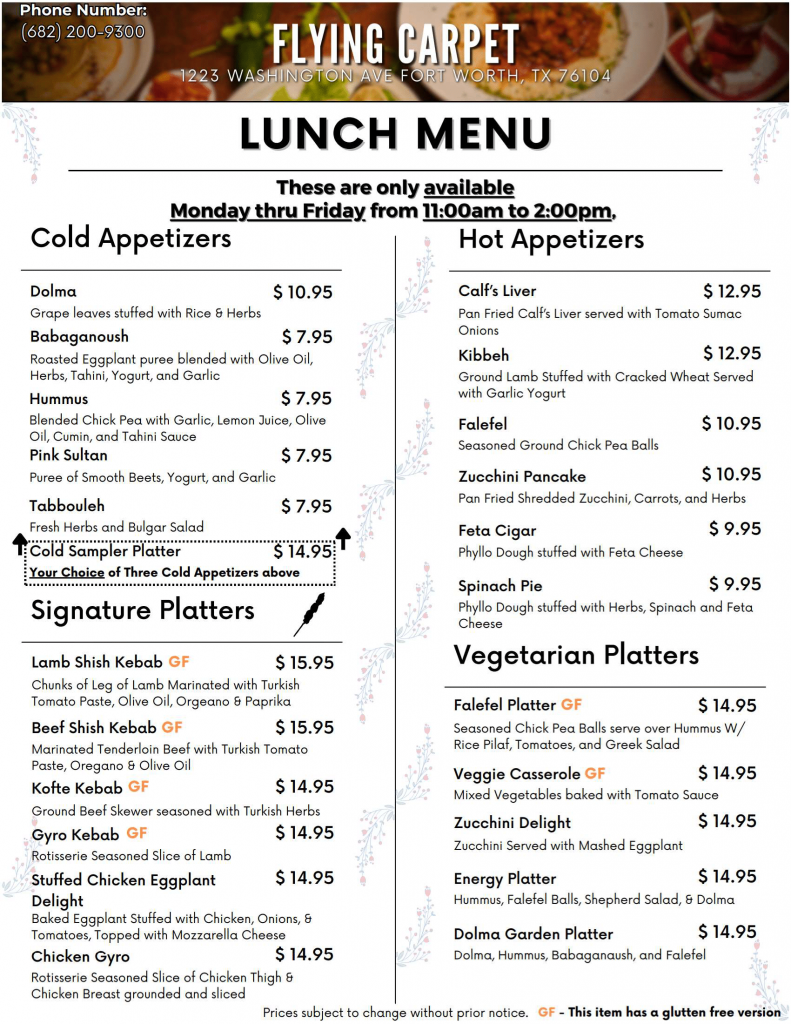 Menu - Flying Carpet Turkish Café - Fort Worth